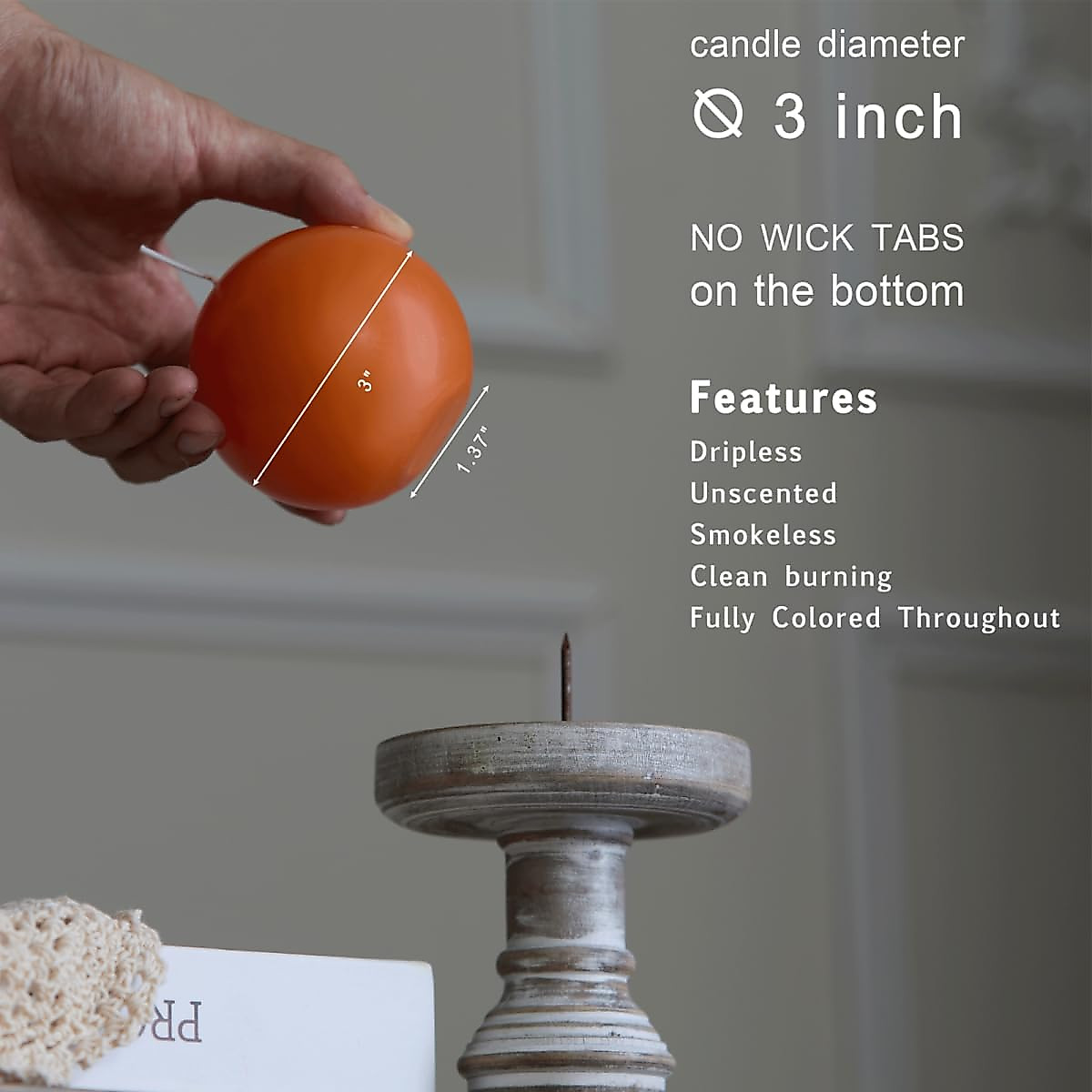 MOZEAL Hand-Poured, 3 Inch Orange Round Ball Candles - Elegant Orange Round Pillar Candles Set of 3, Dripless, Unscented, Smokeless, Ideal for Halloween Decor.