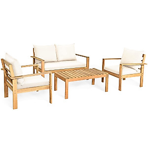 HAPPYGRILL 4 Piece Patio Furniture Set Outdoor Conversation Set Wood Sofa Table Set with Cushions, Acacia Wood Chairs & Coffee Table Set for Garden Backyard Poolside