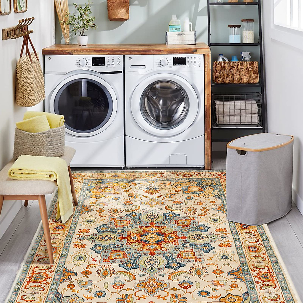 COMSLE Boho Area Rug, 4' x 6' Machine Washable Rugs for Entryway Faux Wool Large Rugs Distressed Throw Rug Non-Slip Floor Carpet for Indoor Bedroom Kitchen Living Room