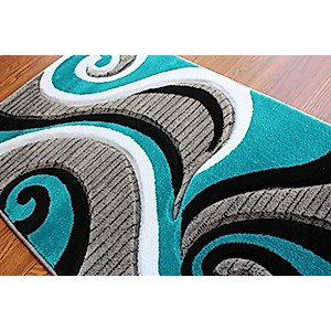 Masada Rugs, Sophia Collection Hand Carved Area Rug Modern Contemporary Turquoise White Grey Black (2 Feet X 7 Feet 3 Inch) Runner