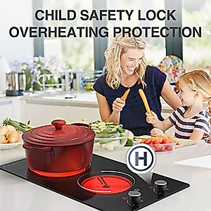 Electric Cooktop,110V 2100W Electric Stove Top with Knob Control, 10 Power Levels, Kids Lock & Timer, Hot Surface Indicator, Overheat Protection,Built-in Radiant Double induction cooktop