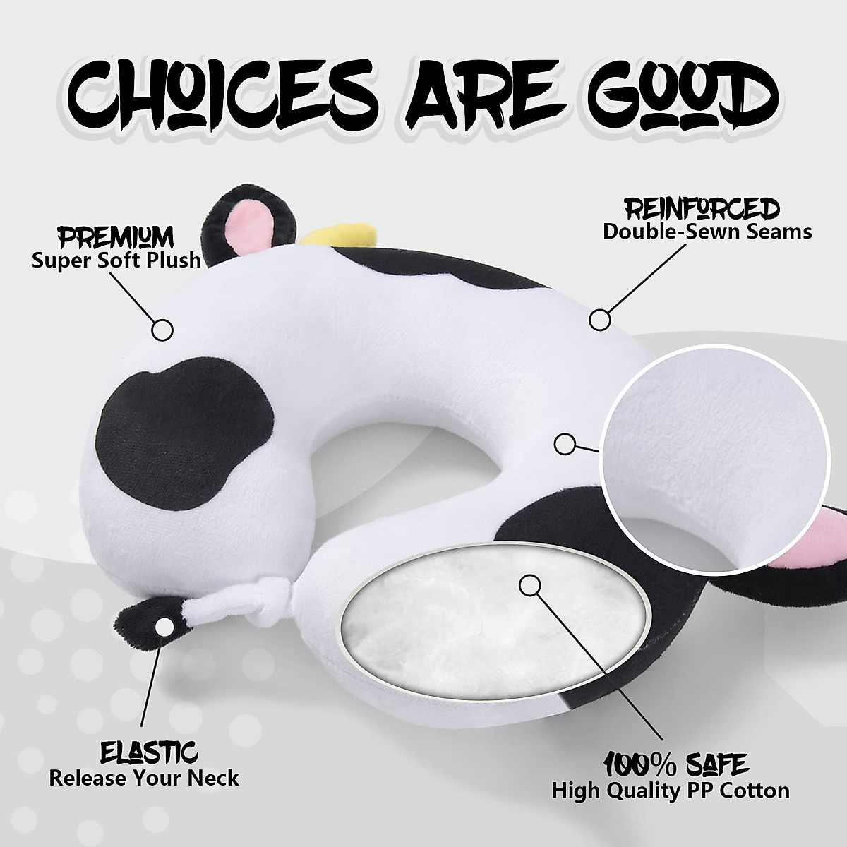 GLCS GLAUCUS Kid Travel Pillow for Car Airplane Soft Kids Neck Pillow for Head Chin Support Cute Animal U Shaped Travel Pillow Portable Essential for Road Trip Traveling White Cow