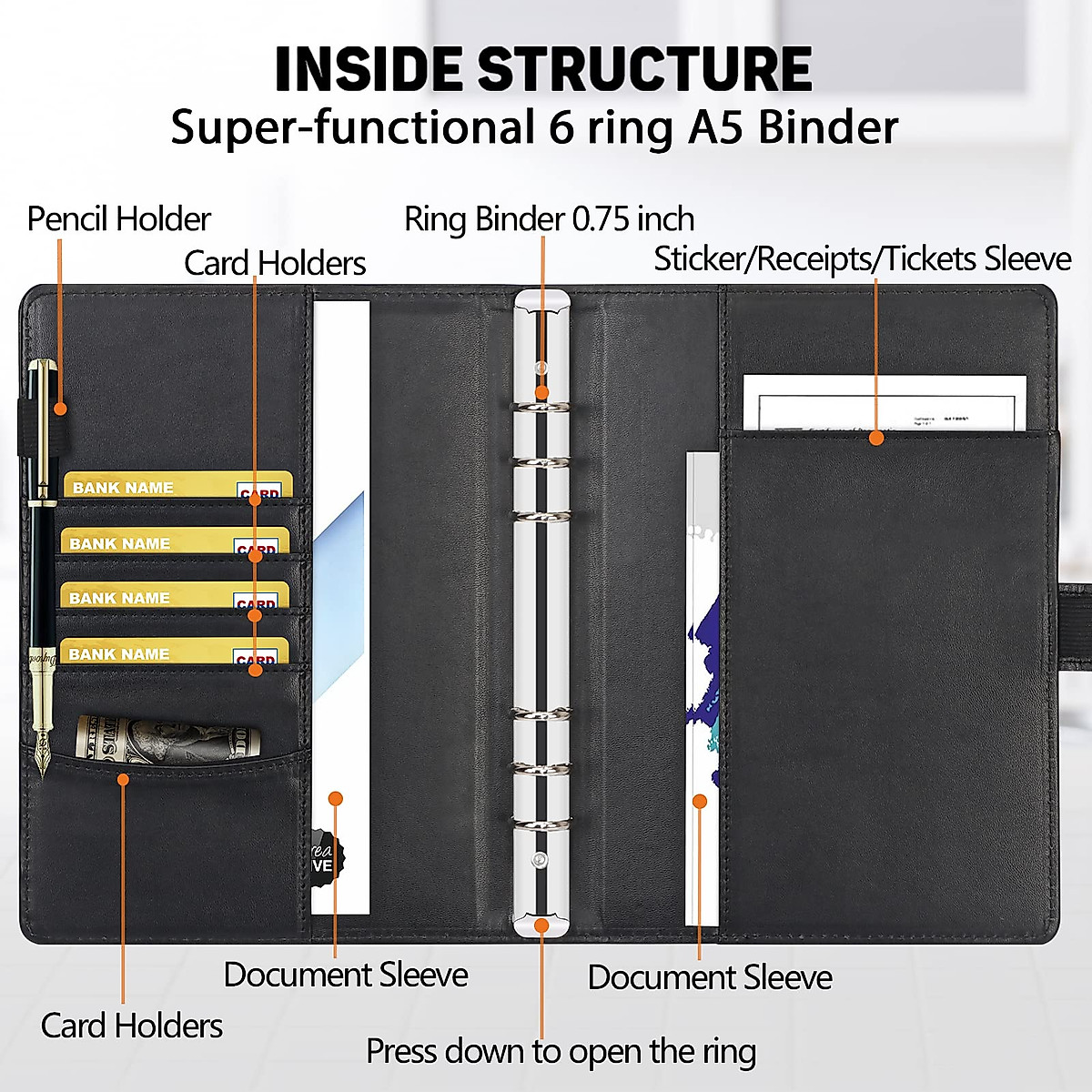 Toplive A5 Notebook Binder 6 Ring Refillable Binder, PU Leather Planner Binder Personal Budget Binder Organizer Cover with Magnetic Closure for A5 Filler Loose Leaf Paper, Matte Black