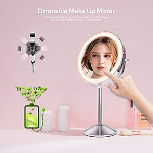 KDKD Lighted Makeup Mirror 7X Magnifying Swivel Vanity Mirror with 72 LED Lights 3 Color Modes, 8 Inch Round Tabletop Standing Polished Chrome Finished Cosmetic Mirror Rechargeable.