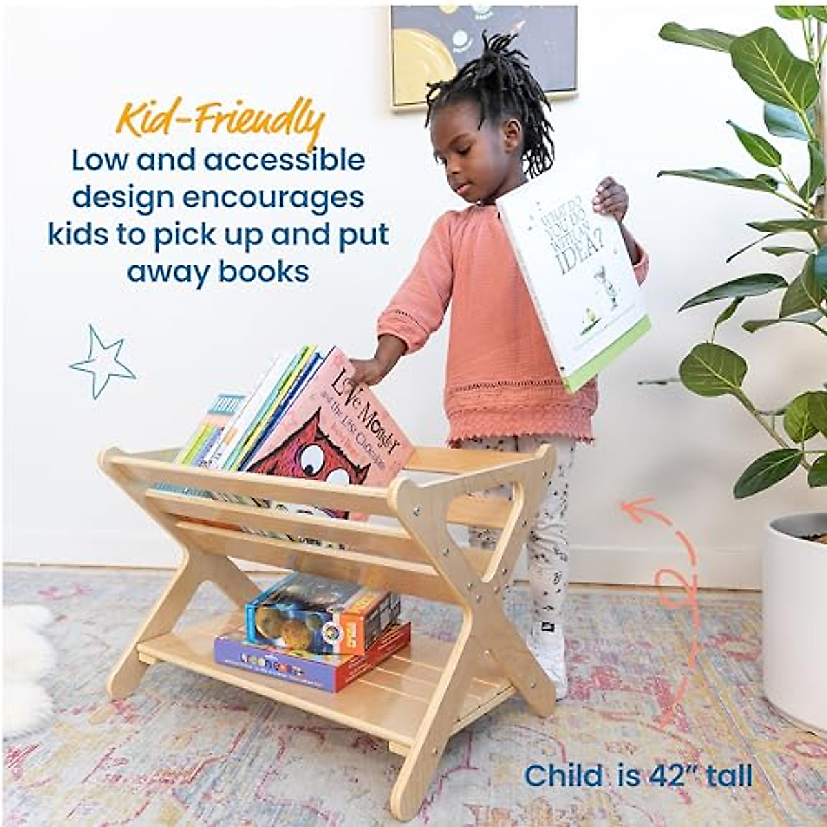 ECR4Kids Book Caddy with Shelf, Bookshelf with Storage, Natural