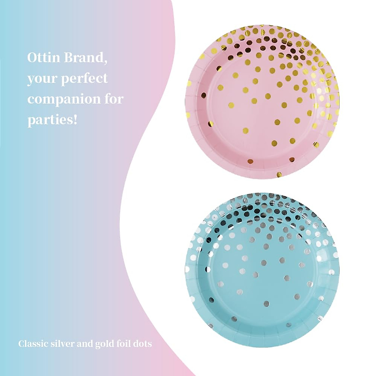 Ottin Pink and Blue Gender Reveal Decorations Polka Dots Party Paper Plates 9'' 60 counts Disposable Dinner Plates for Party Engagement Wedding Birthday Bridal Shower Baby Shower Graduation