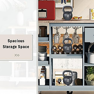 Plebs Home Multipurpose Kitchen Cart Cabinet, with Side Storage Shelves, Rubber Wood Top, Adjustable Storage Shelves, 5 Wheels, Kitchen Storage Island with Wine Rack, for Dining Room, Home - Gray Blue