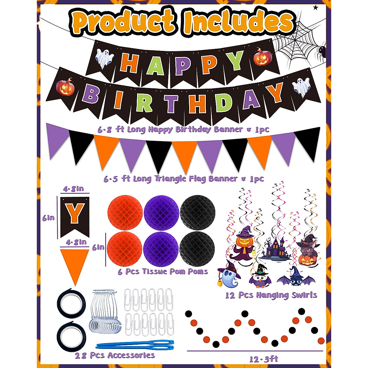 Happy Birthday Banner Halloween Birthday Party Decorations, Paper Pom Poms Triangle Flag Halloween Sign Hanging Garland Swirls Halloween Streamers for Birthday Party Supplies
