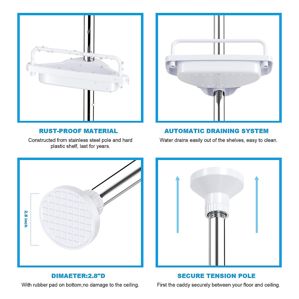 FRDECON Rustproof Shower Caddy Corner for Bathroom, 4-Tier Tension Pole Stainless Steel Shower Organizer, 56 to 115 Inch Adjustable Bathtub Shower Shelf Storage with 1 Tower Bar, White