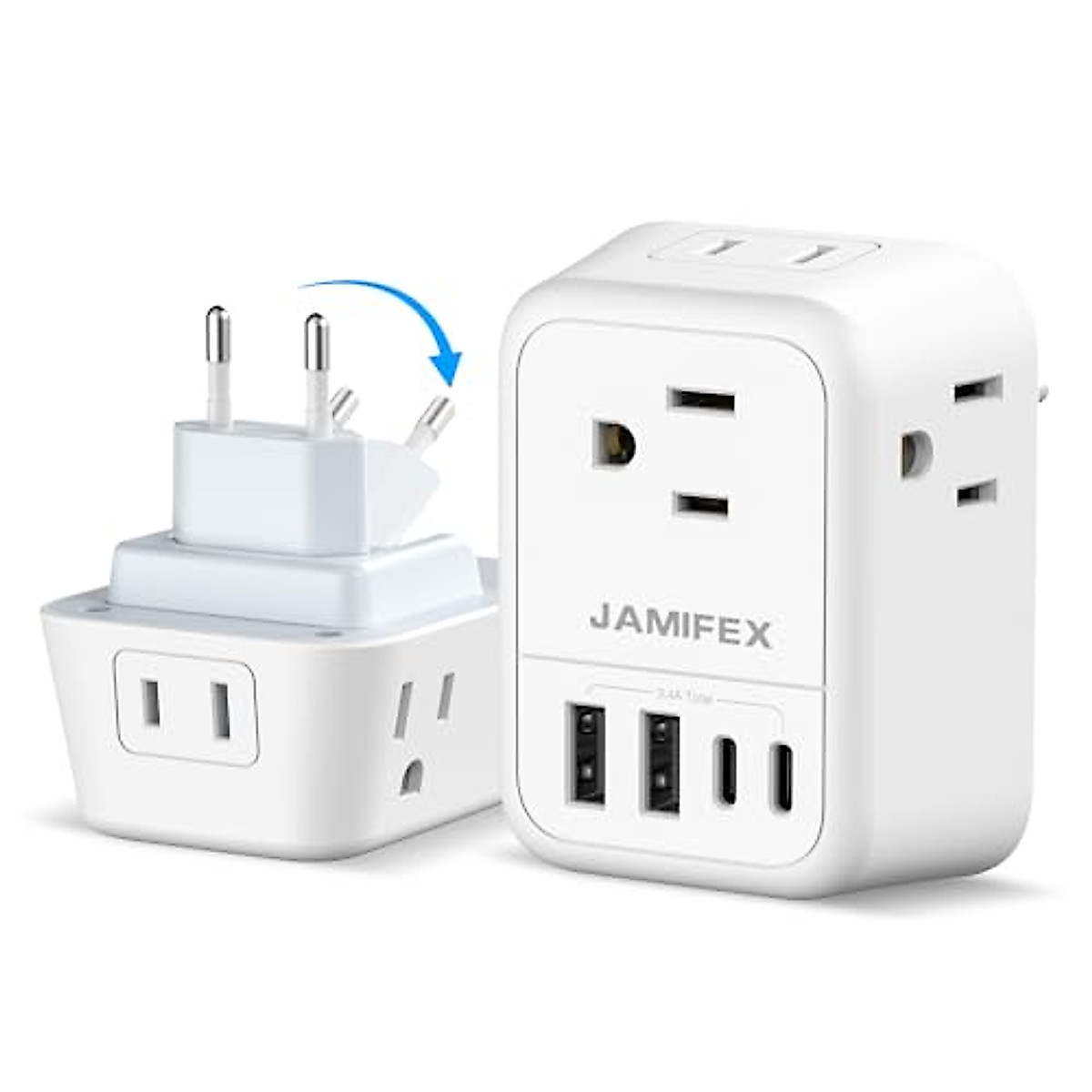 Foldable European Travel Plug Adapter, JAMIFEX International Power Plug Adaptor with 4 Outlets 4 USB(2 USB-C) Ports, Type C EU Adapter US to Most Europe Spain Italy France Germany