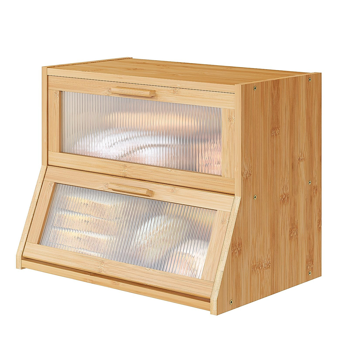 Vriccc Bread Box for Kitchen Counter, Large Bamboo Wooden Double Layer Large Capacity Bread Storage Bin with Acrylic Wavy Door Panel (Natural)