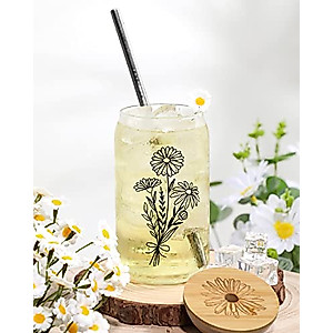 Nefelibata Daisy Iced Coffee Cup Birth Flower Beer Glass Can 16OZ Drinking Cup with Bamboo Lid Metal Straw Cleaning Brush April Birth Flower Spring Floral Decor Birthday Gifts for Mom Mother's Day