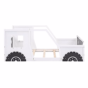 Aiuyesuo Twin Size Classic Car-Shaped Platform Bed with 2 Wheels and Headboard, Wooden Platform Bed Frame with 2 Doors and Windows for Kids Boys Girls, Wheels Shape, Space Saving (White-TK)