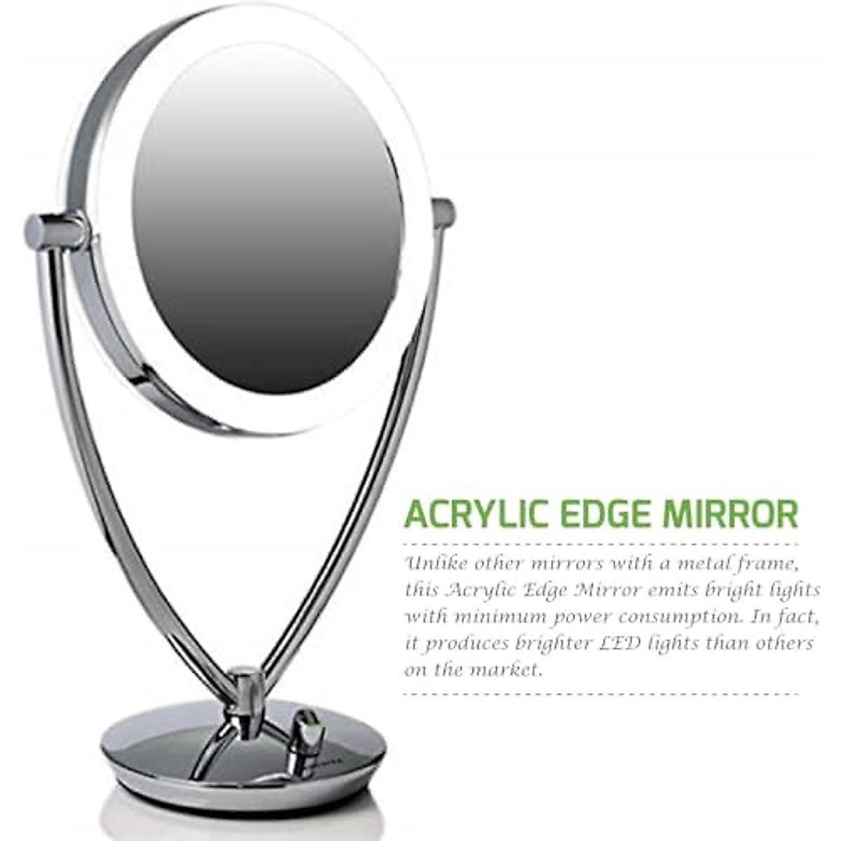Ovente 8" Lighted Tabletop Makeup Mirror with 1X/10X Magnification, Double-Sided Magnifying Vanity Mirror, Dimmable LED Lights, 360° Swivel Design and Dual Power Supply, Polished Chrome MLT75CH1X10X