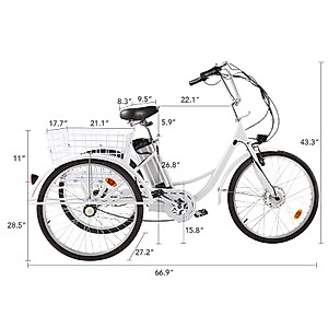 Viribus 24" 26" 3 Wheel Electric Bike for Senior, 250w Adults Electric Tricycle Trike, Three Wheel Ebike E Bicycle with Removable 36V 10Ah Lithium Battery, Motorized Trike with Basket for Women Men