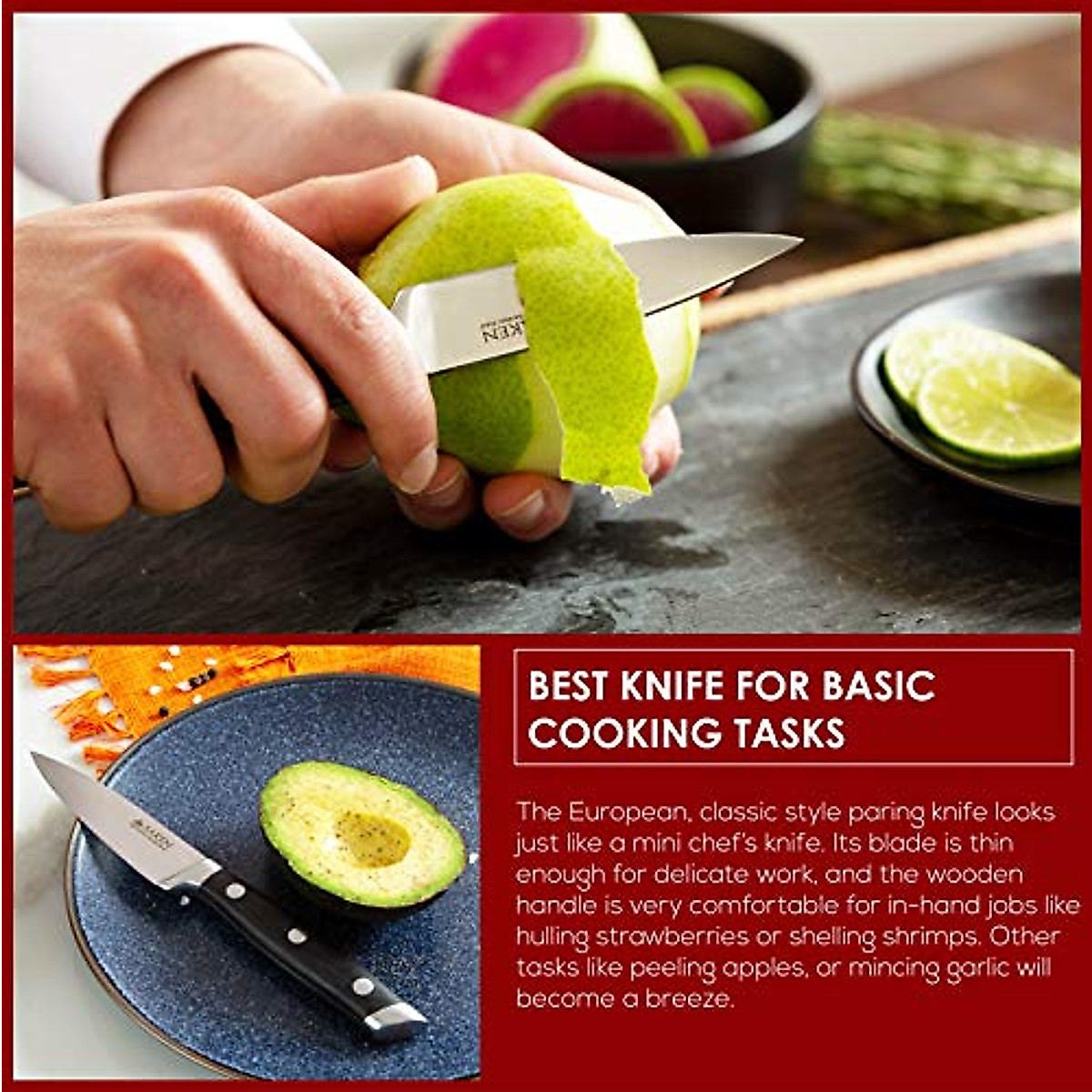Saken Paring Knife 3.5 Inch Kitchen Utility Knife High Carbon Steel with Wooden Handle in Dark Wood Finish - Multipurpose Kitchen Knife for Mincing, Slicing, Chopping, and General Cutting Work