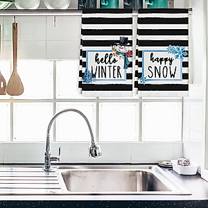 AnyDesign Hello Winter Kitchen Towel White Black Stripe Dish Towel Christmas Snowman Snowflake Happy Snow Tea Towel Xmas Hand Drying Towel for Farmhouse Cooking Baking, 18 x 28 Inch, 2 Pack
