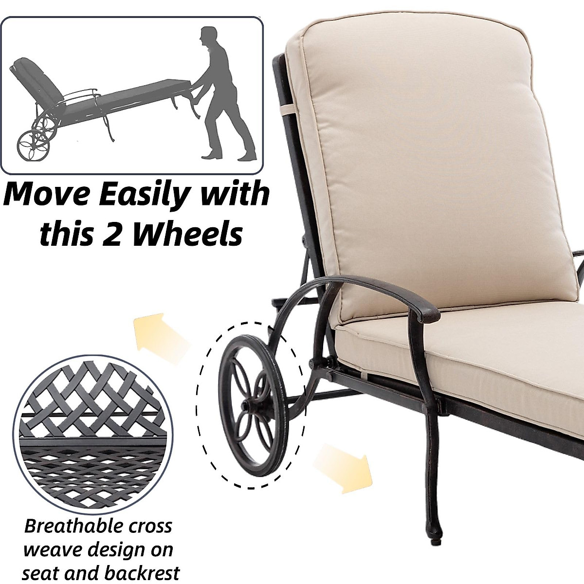 Luccalily Chaise Lounge Outdoor Chair with Side Table, Adjustable Reclining Rust-Resistant Aluminum Cast Poolside Chaise with Convenient Wheels, Outdoor Lounge Furniture Set of 3, (Beige)