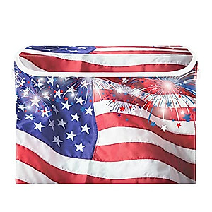 innewgogo American Flag Firework Storage Bins with Lids for Organizing Large Collapsible Storage Bins with Handles Oxford Cloth Storage Cube Box for Car