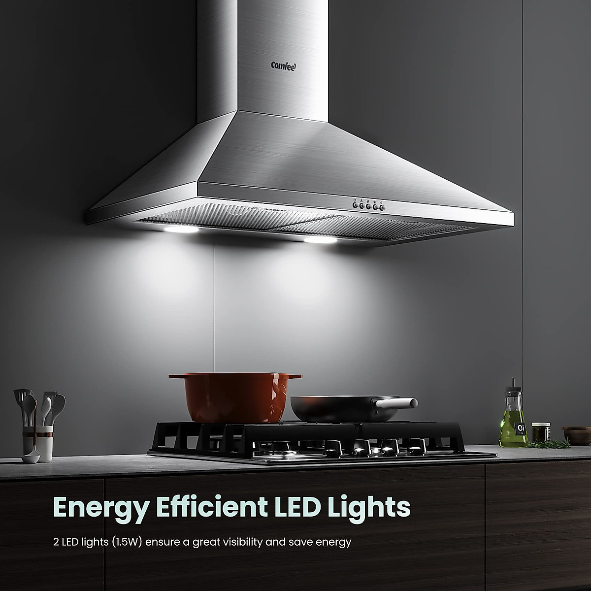 COMFEE' CVP30W6AST Ducted Pyramid Range 450 CFM Stainless Steel Wall Mount Vent Hood with 3 Speed Exhaust Fan, 5-Layer Aluminum Permanent Filters, Two LED Lights, Convertible to Ductless, 30 inches