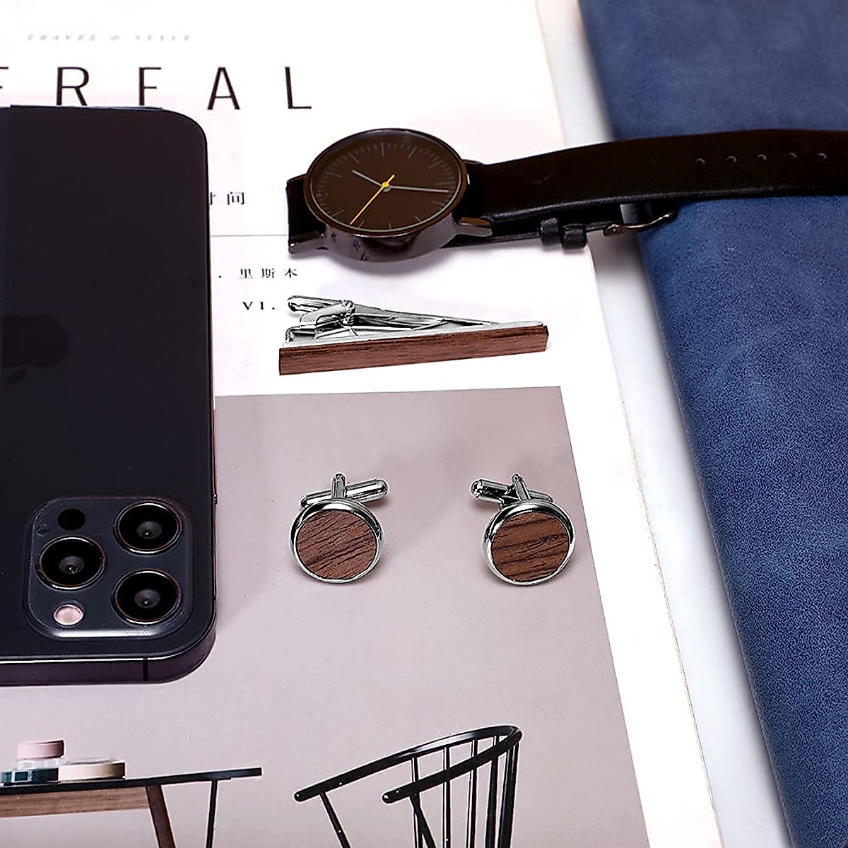 Wood Tie Clip and Cufflink Sets for Men, 2 inch Tie Clips Sets for Men Wood Inlay Tie Clip & Round Cufflinks with Gift Box,Tie Clips Set for Formal Business Wedding