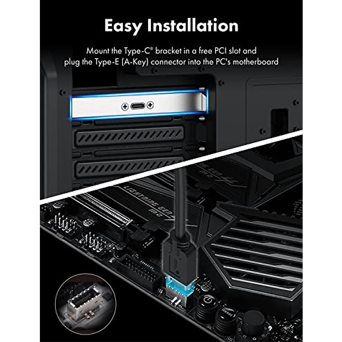 GRAUGEAR USB 3.2 Gen 2 USB-C Front Panel Adapter, Motherboard Header Extension Cable, USB-C Female to 20-pin USB Type-E A-Key Male Connector with PCIe Full Height Bracket, 19.6 in [G-AD-ETC-10G]