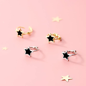 Reffeer Solid 925 Sterling Silver Black Star Huggie Earrings Hoops for Women Small Star Hoop Earrings Cartilage Helix Earrings (B-18K Gold)