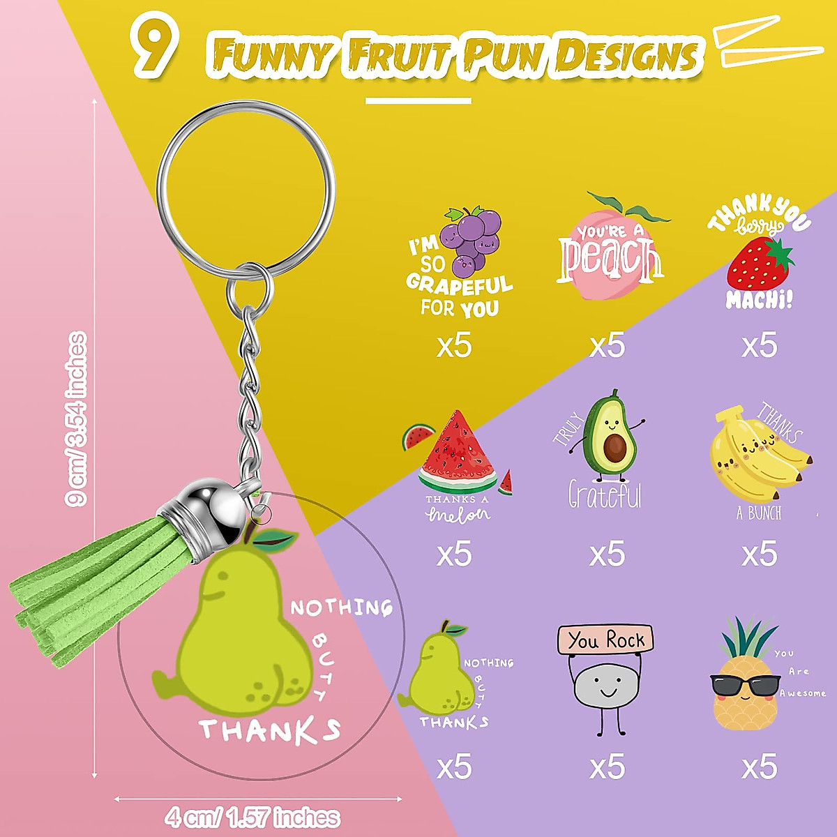 Fumete 45 Pcs Thank You Acrylic Keychains Cute Pun Key Rings Employee Appreciation Gift Greeting Note Acrylic Tassel Keychain (Fruit)
