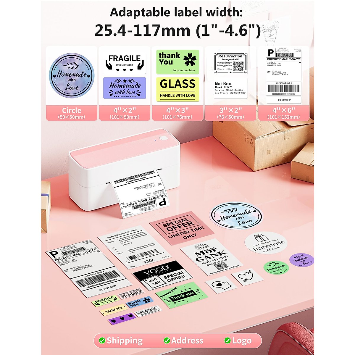 Phomemo Bluetooth Thermal Label Printer, 241BT 4X6 Wireless Shipping Label Printer for Small Business, Pink Label Printer for Shipping Package, Compatible with iPhone, Android, Amazon, Shopify, UPSP
