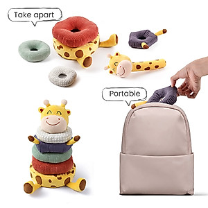 TUMAMA Plush Stacking Rattles Baby Toy Giraffe Stacks of Circles STEM Montessori Toy Baby Shower Deer Woodland Stuffed Animals Gift for 3 6 9 12 18 Months 1 Year Olds Infant Toddler Boy Girl