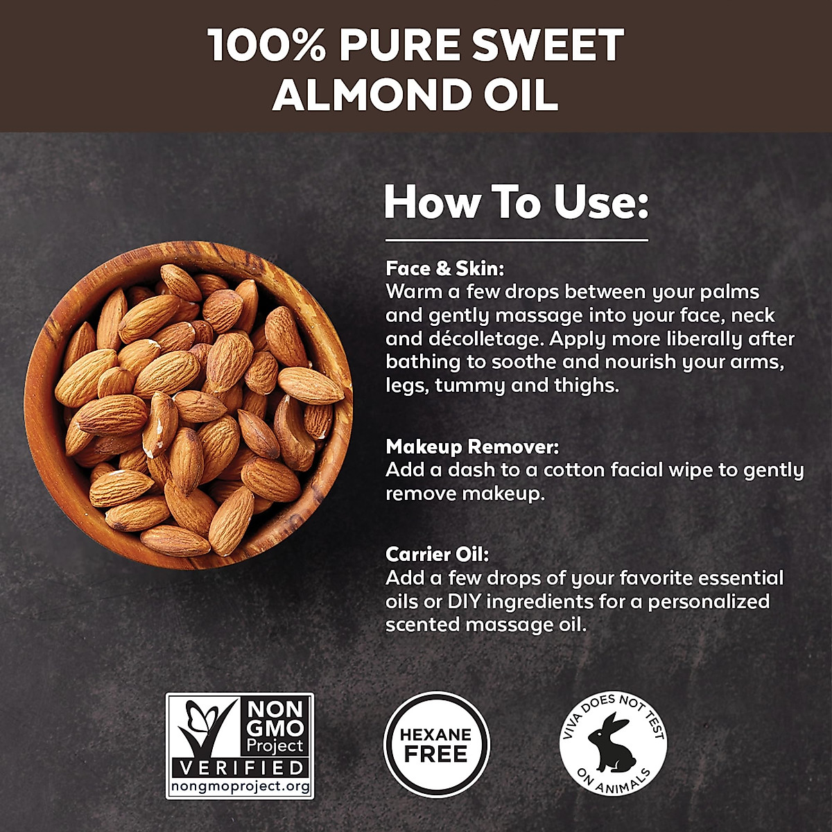 Sweet Almond Oil for Skin - Body Oil, Hair Moisturizer and Relaxing Massage and Oil, Carrier Oil for Essential Oils Mixing, Non-Greasy Pure Sweet Almond Oil for Hair and Skin, 16 fl oz