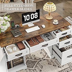 Alohappy 55'' Farmhouse Executive Desk, Home Office Desk with Drawers, Wood Computert Desk with File Cabinet and Power Outlets, White