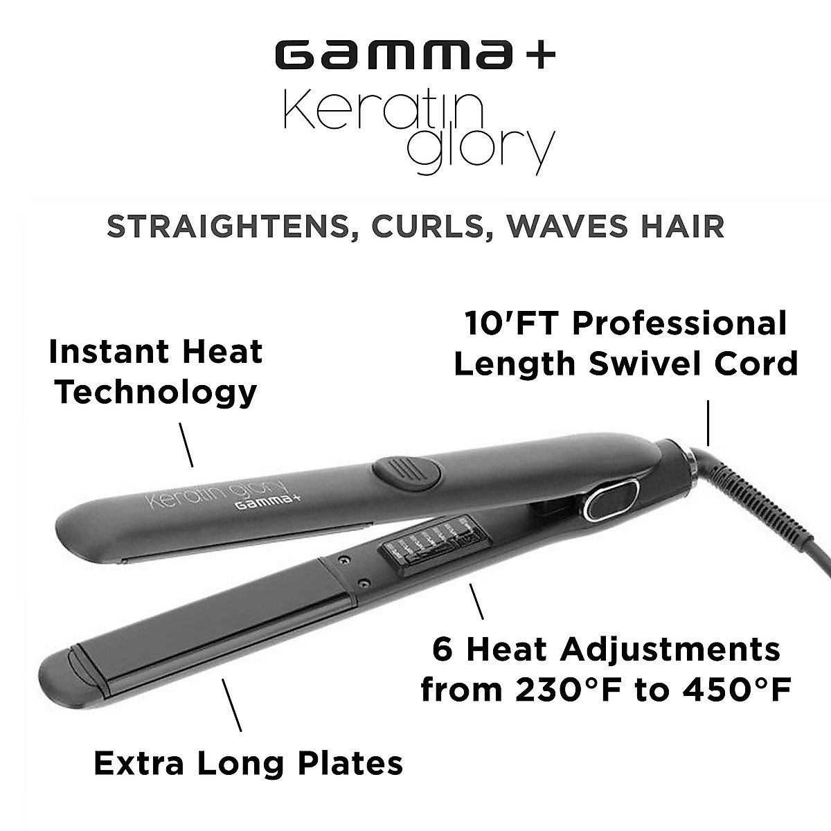 GAMMA+ Keratin Glory Hair Straightening Iron 6 Heat Settings Black
