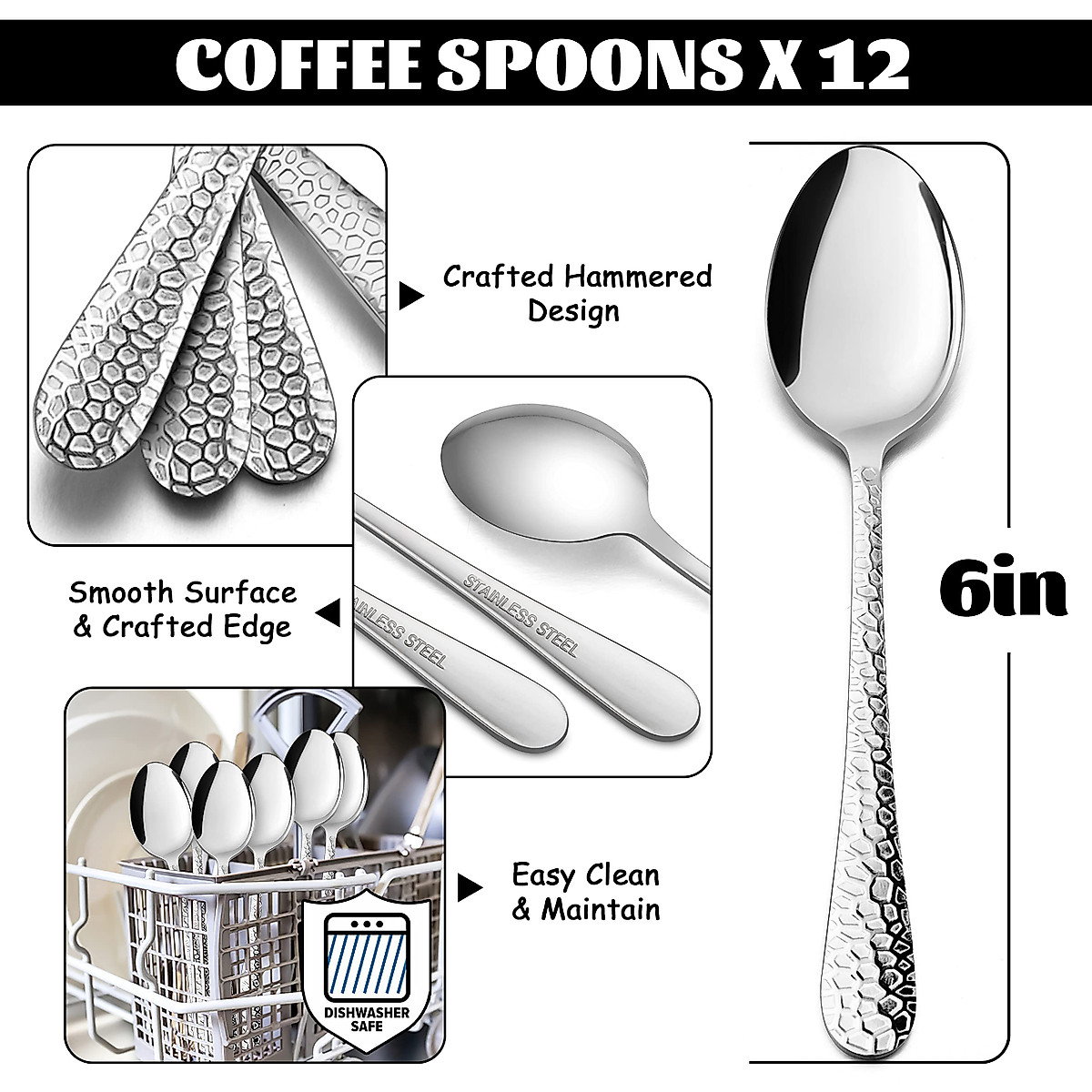 E-far 12-Piece Coffee Spoons, 6-Inch Stainless Steel Espresso Spoons, Small Metal Spoons for Coffee/Sugar/Tea, Hammered Design & Rust Free, Dishwasher Safe