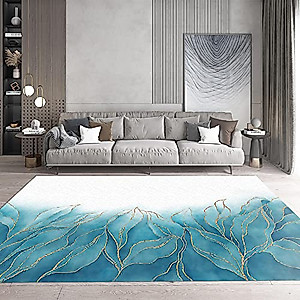 Modern European Style White Blue Plant Leaves Area Rug, Abstract Golden Geometric Line Art Bedroom Rug, with Anti-Slip Easy Clean Carpet for Living Room Bedroom Kitchen Dining Room-5x7ft