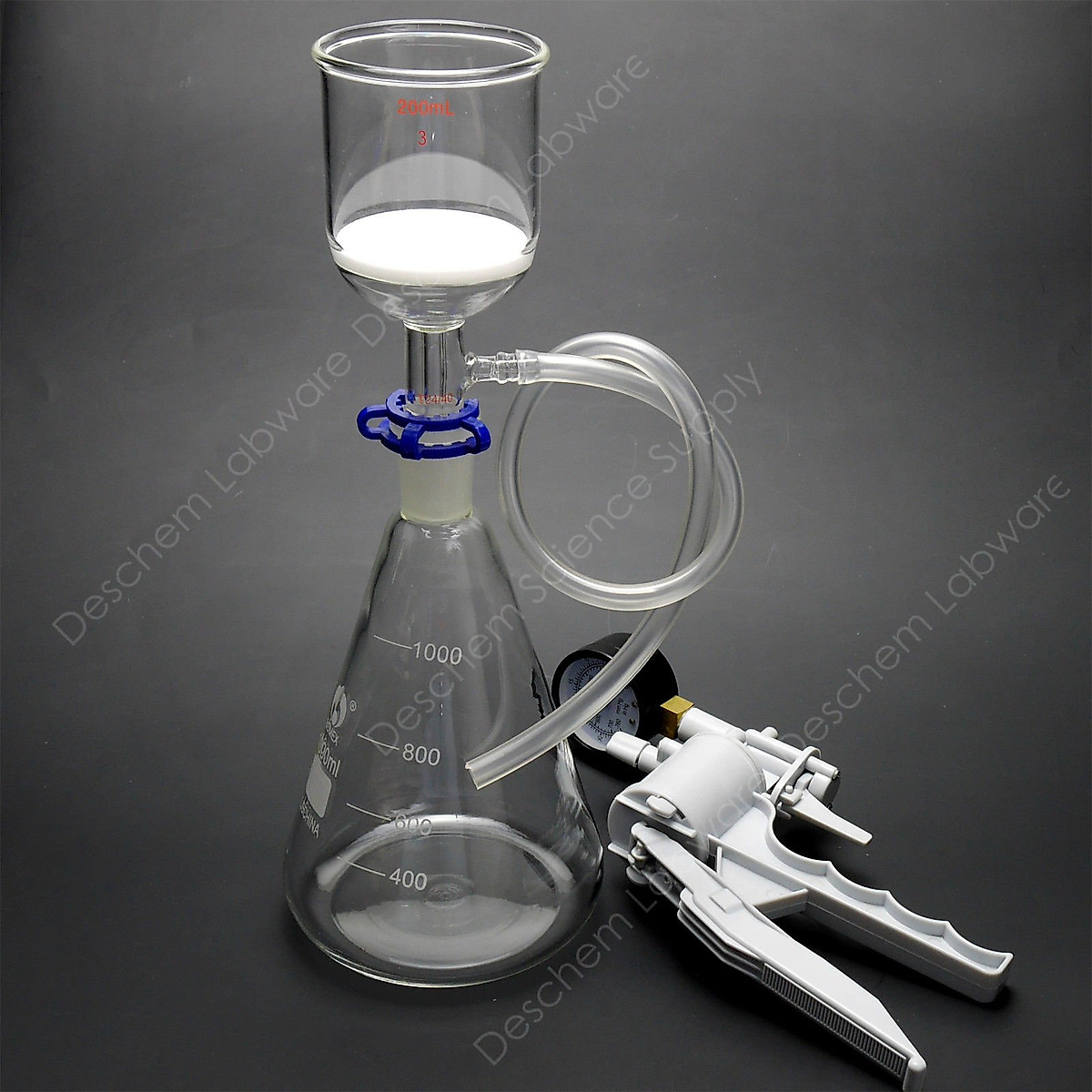 Deschem 1000ml,Vacuum Suction Filter Device,200ml Buchner Funnel,1L 24/40 Erlenmeyer Flask,with Handle Pump