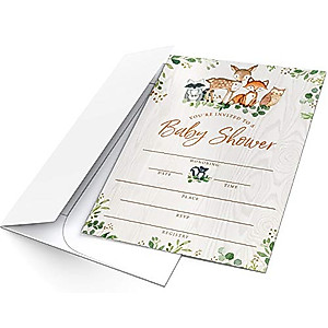 Printed Party Baby Shower Invitations and Envelopes, Woodland Animals, Set of 25