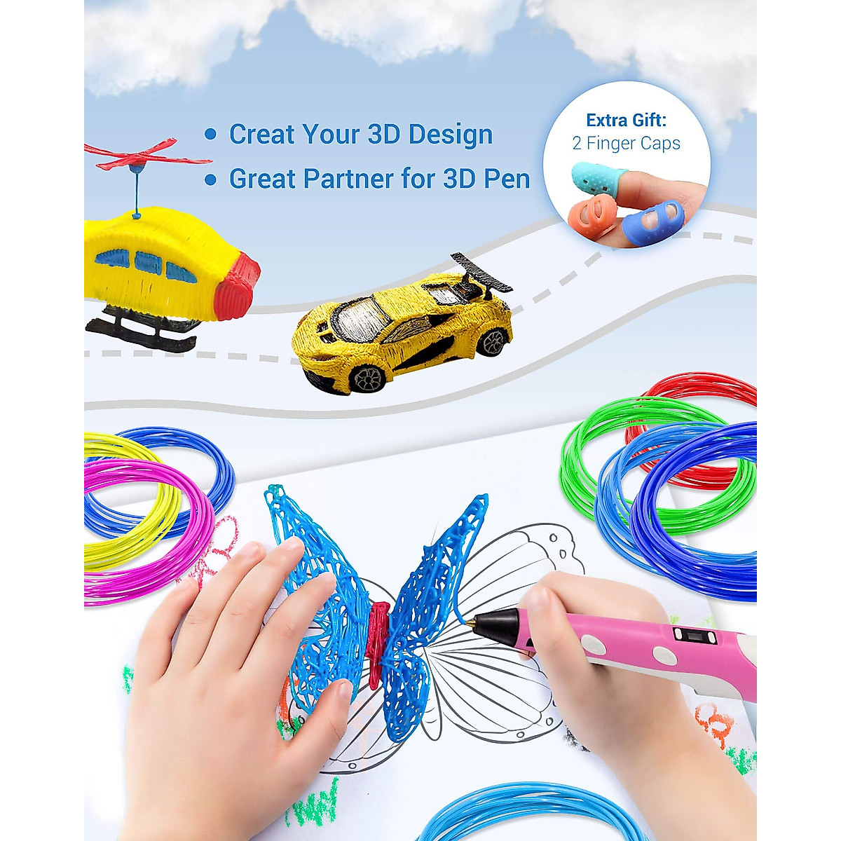 24 Colors 3D Pen PLA Filament Refills, 1.75mm Premium Filament for 3D Printer/3D Pen, Each Color 10 Feet, Total 240 feet, with 2 Finger Caps by SONGTIY, Christmas Gifts