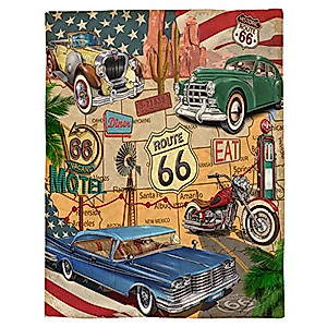 Singingin Ultra Soft Flannel Fleece Bed Blanket Retro Car Motel Route 66 Throw Blanket All Season Warm Fuzzy Light Weight Cozy Plush Blankets for Living Room/Bedroom