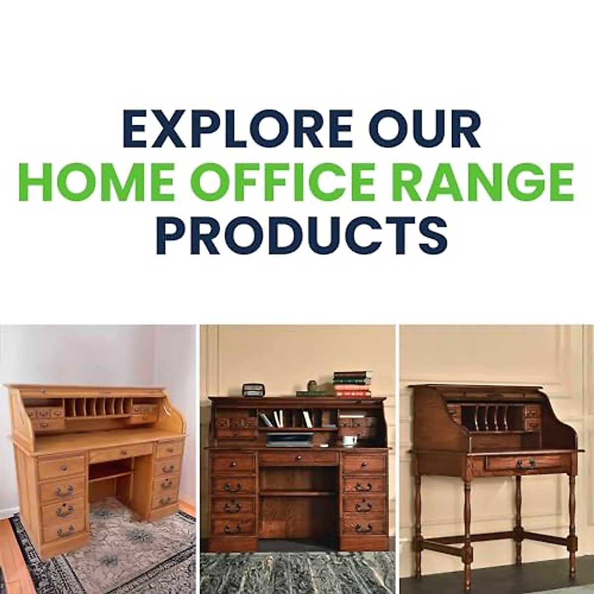 Furniture Dash - Mini Roll Top Desk USB - Standing Desk - Desk with Drawers - Rolling Desk - Wooden Desk - 32" W x 24" D x 44.5" H - 66lb (Burnished Walnut Finish)