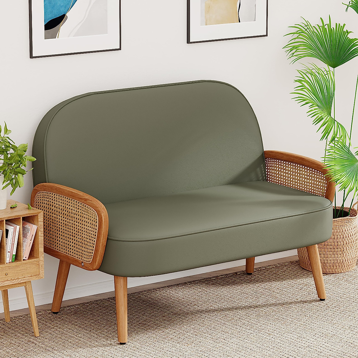 Aklaus 45" W Faux Leather Small loveseat with Natural Rattan Arms,Upholstered Modern Mini Sofa Couch Love Seat Settee Bench with Back for Living Room Bedroom Office Small Space Entryway Green