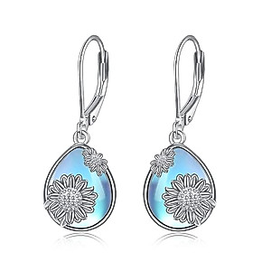 DAYLINLOVE Sunflower Earrings 925 Sterling Silver Moonstone Sunflower Dangle Drop Earring for Women