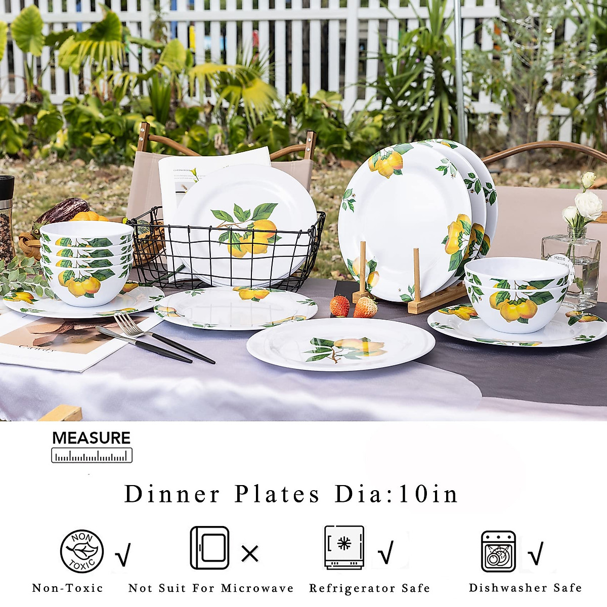 Lemon Dinner Plates, 6pcs Melamine Dishes Set, Indoor and Outdoor use, 10inch, White