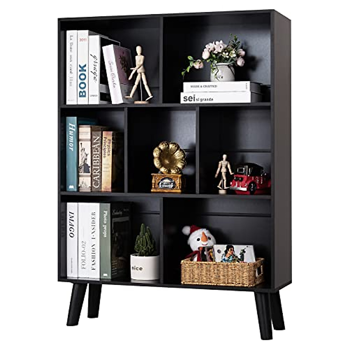 YAHARBO Black Bookshelf,3 Tier Modern Bookcase with Legs,Bookshelves Wood Storage Shelf,Rustic Open Book Shelves Cube Organizer,Free Standing Short Bookcases for Small Space,Bedroom,Living Room,Office