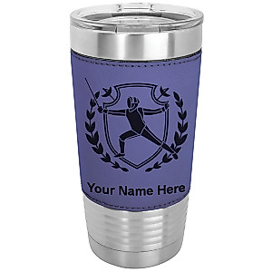 LaserGram 20oz Vacuum Insulated Tumbler Mug, Fencing, Personalized Engraving Included (Faux Leather, Dark Purple)