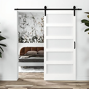 BARNER HOME 42in x 84in Sliding Barn Door, MDF, Primed, 5 Glass Panel,Need to Assemble, with 6.6ft Hardware, Handle and Floor Guide