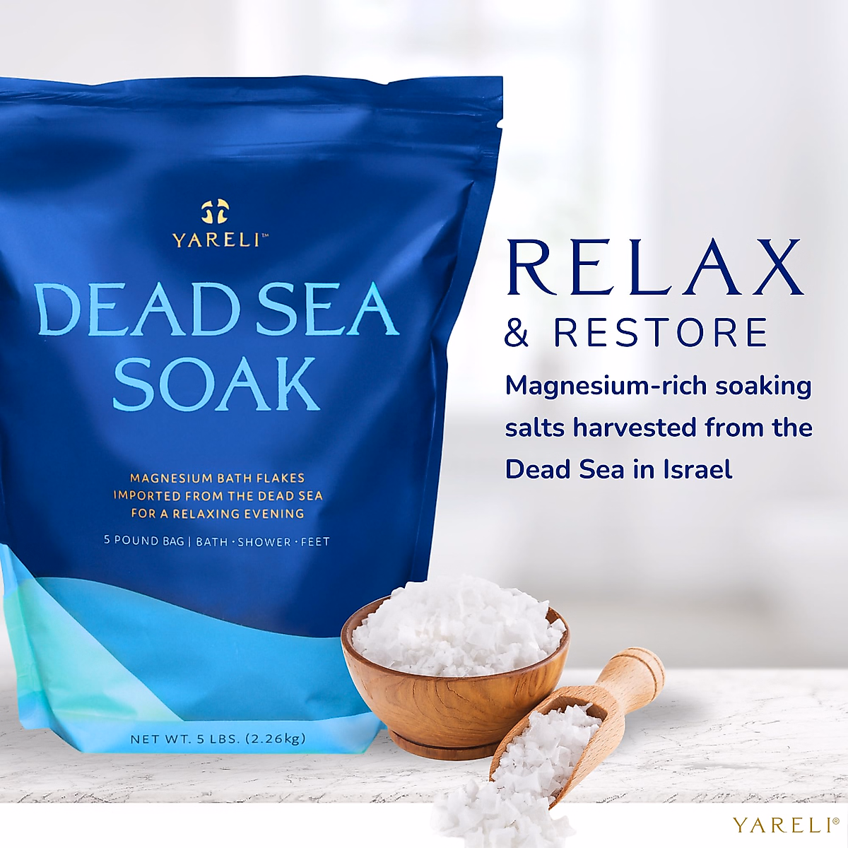 Yareli Dead Sea Bath & Foot Soak, Unscented Magnesium Bath Salt Flakes, Alternative to Epsom Salt, 5lbs with Over 250,000mg of Elemental Magnesium Per Bag