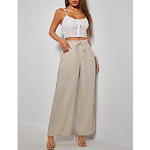 Ugerlov Women's Paperbag Waist Drawstring Linen Pants Wide Leg High Waisted Lounge Casual Trousers with Pockets, Apricot, XL