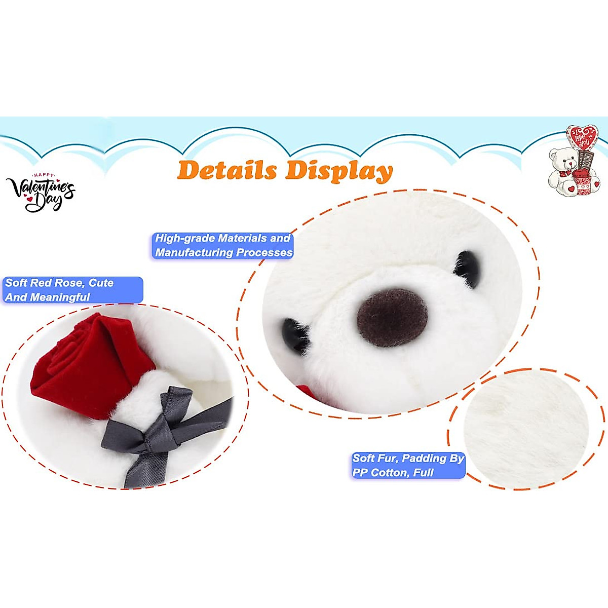 9.8'' Teddy Bear with Rose, Soft Plush Bear Doll Stuffed Animal Toys Valentines Day Decor Gifts for Her/Girlfriend Lover Mom Kids (White)