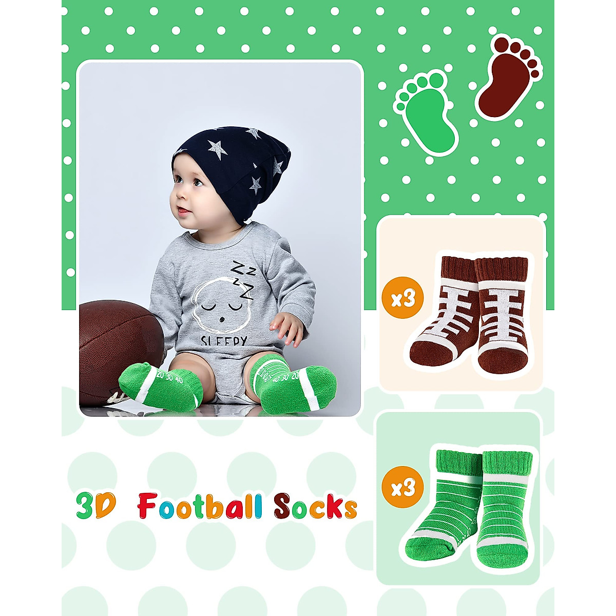 Hicarer Baby Football Outfit 6 Pairs Baby Boy Football Socks Newborn Touchdown Football Socks Infant Toddler Socks Toddler Ankle Socks for 0-12 Months Boys